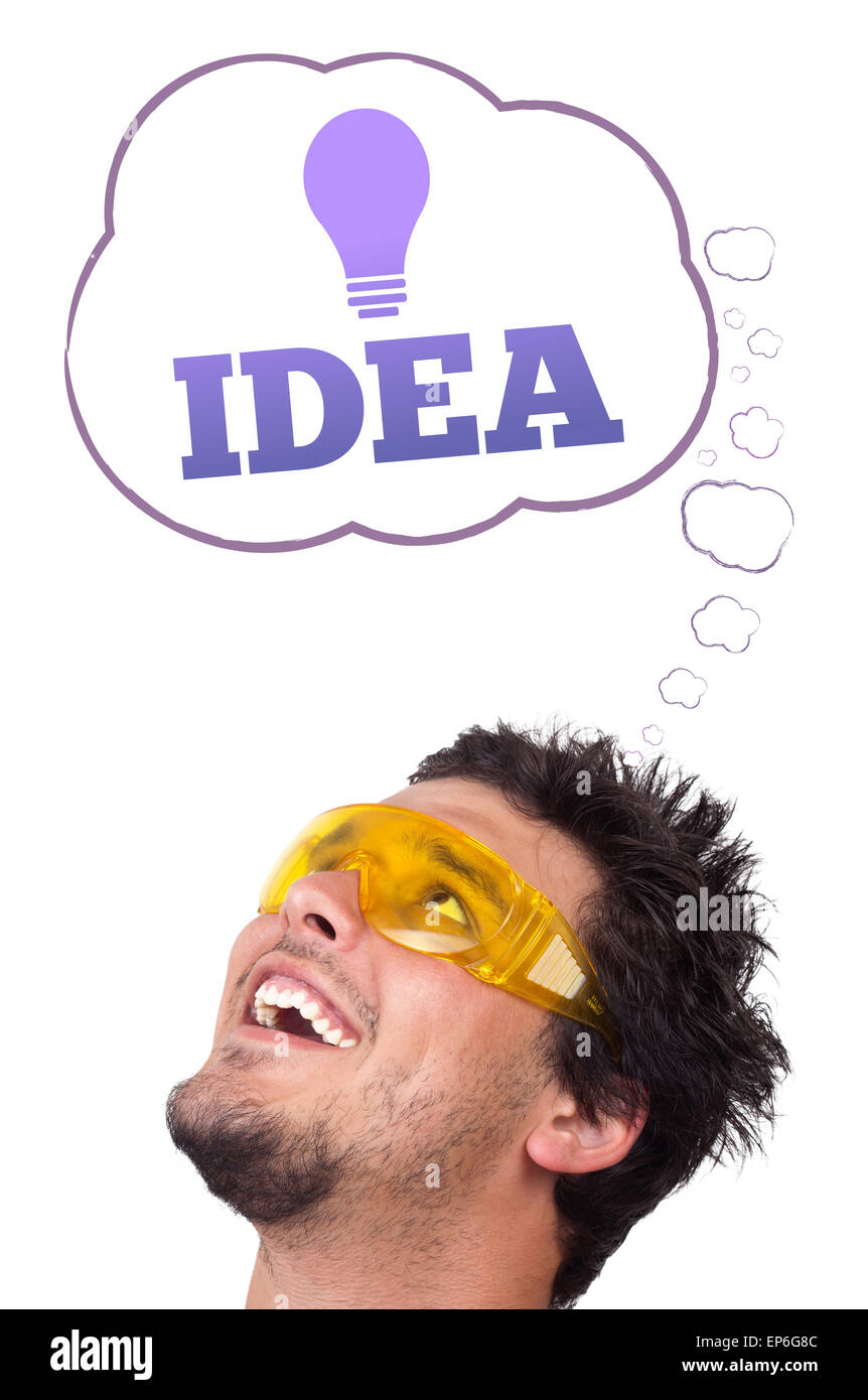 Young person looking at idea type of sign Stock Photo - Alamy