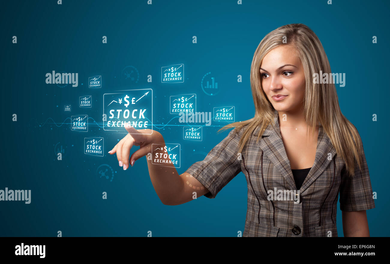 Businesswoman pressing modern business type of buttons Stock Photo - Alamy
