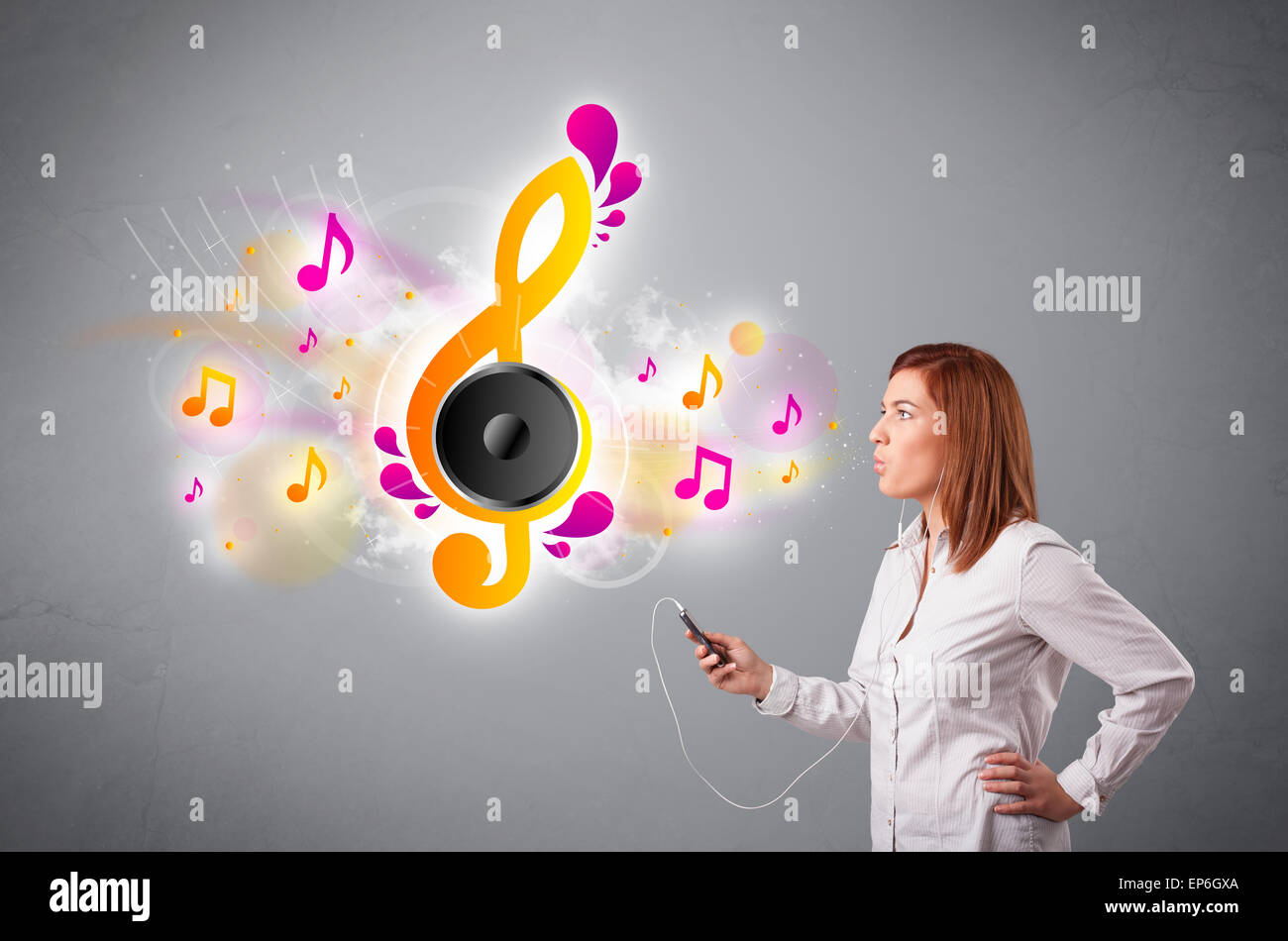 pretty girl singing and listening to music with musical notes Stock ...