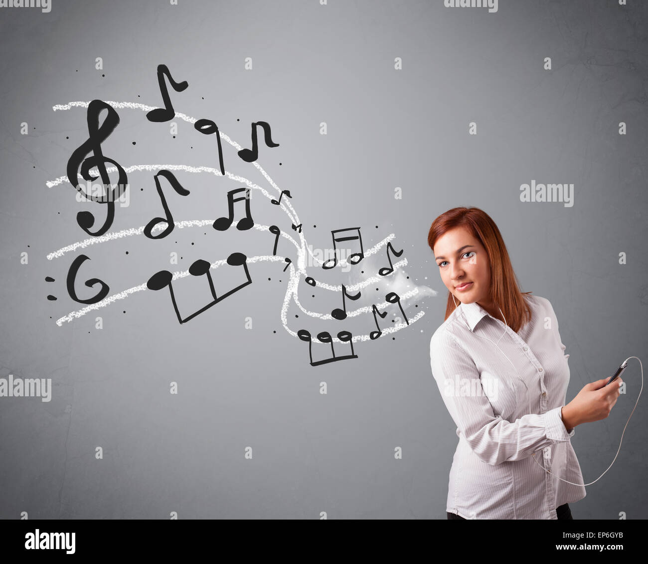 attractive young lady singing and listening to music with musical notes ...