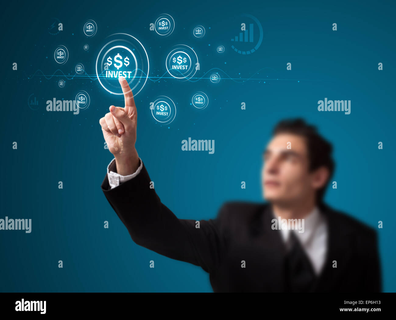Businessman pressing modern business type of buttons Stock Photo - Alamy