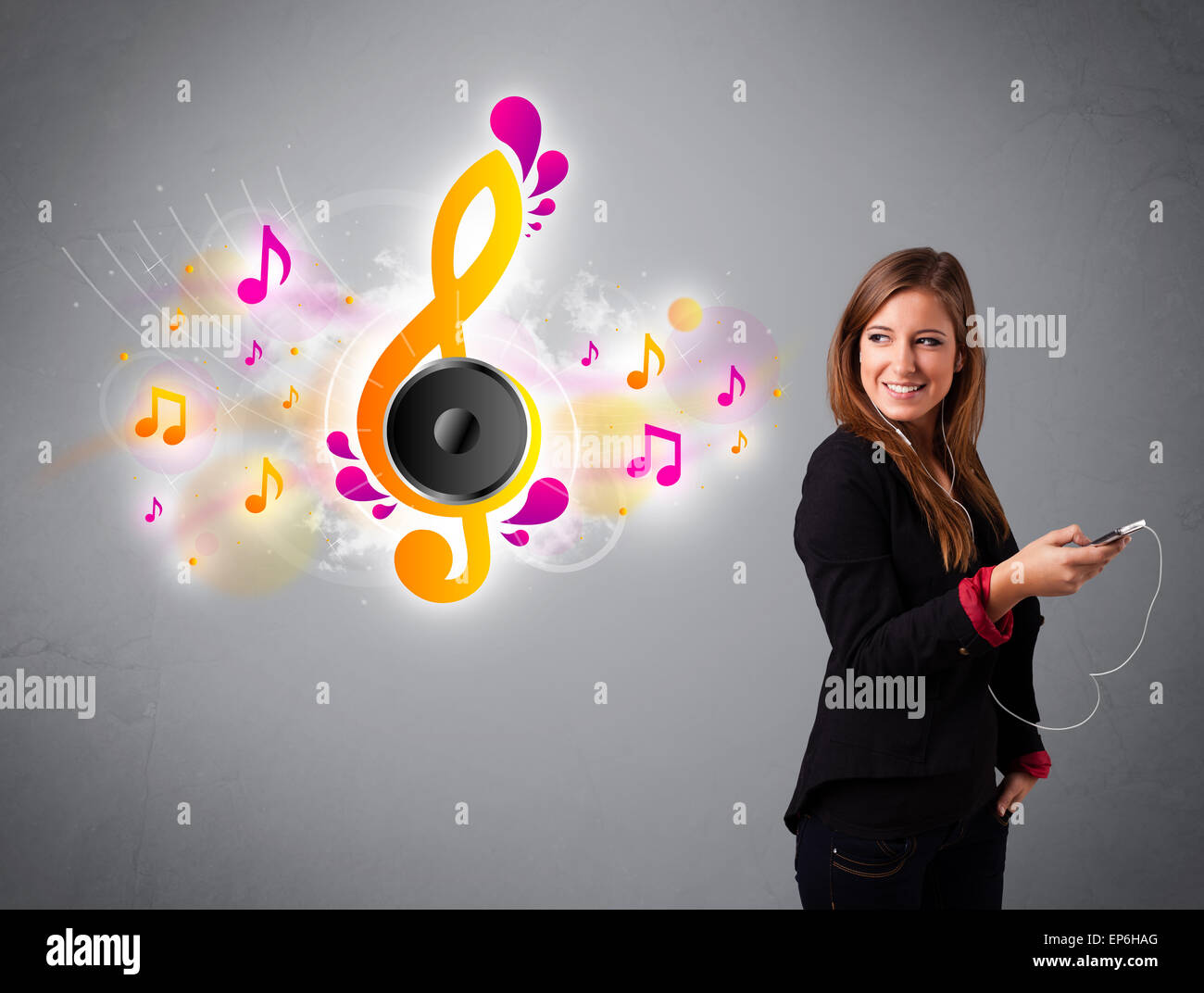 pretty girl singing and listening to music with musical notes Stock ...