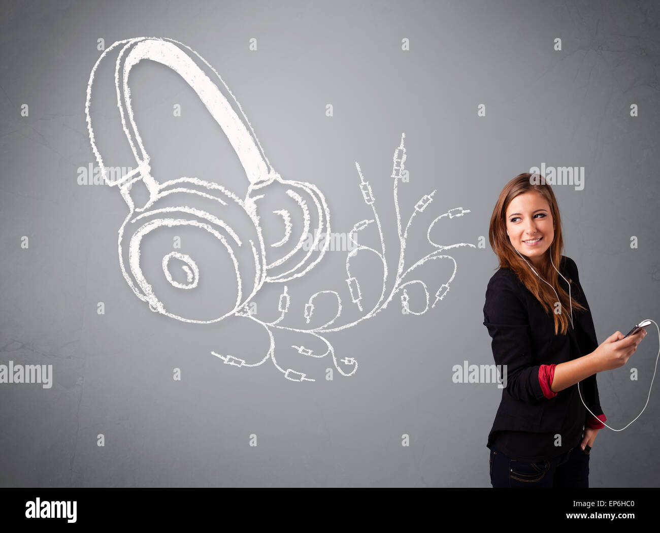 young woman singing and listening to music with abstract headphone ...