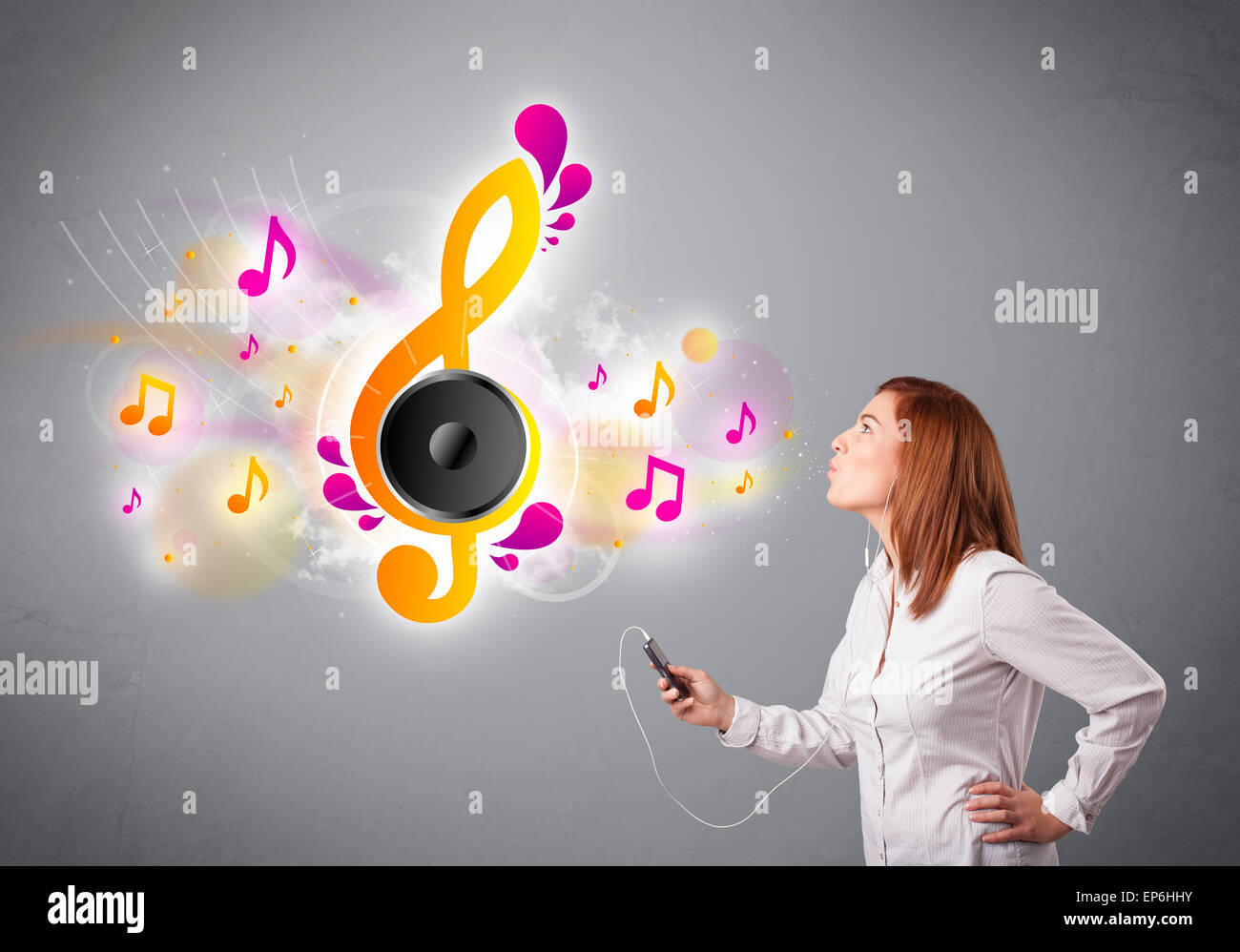 pretty girl singing and listening to music with musical notes Stock ...