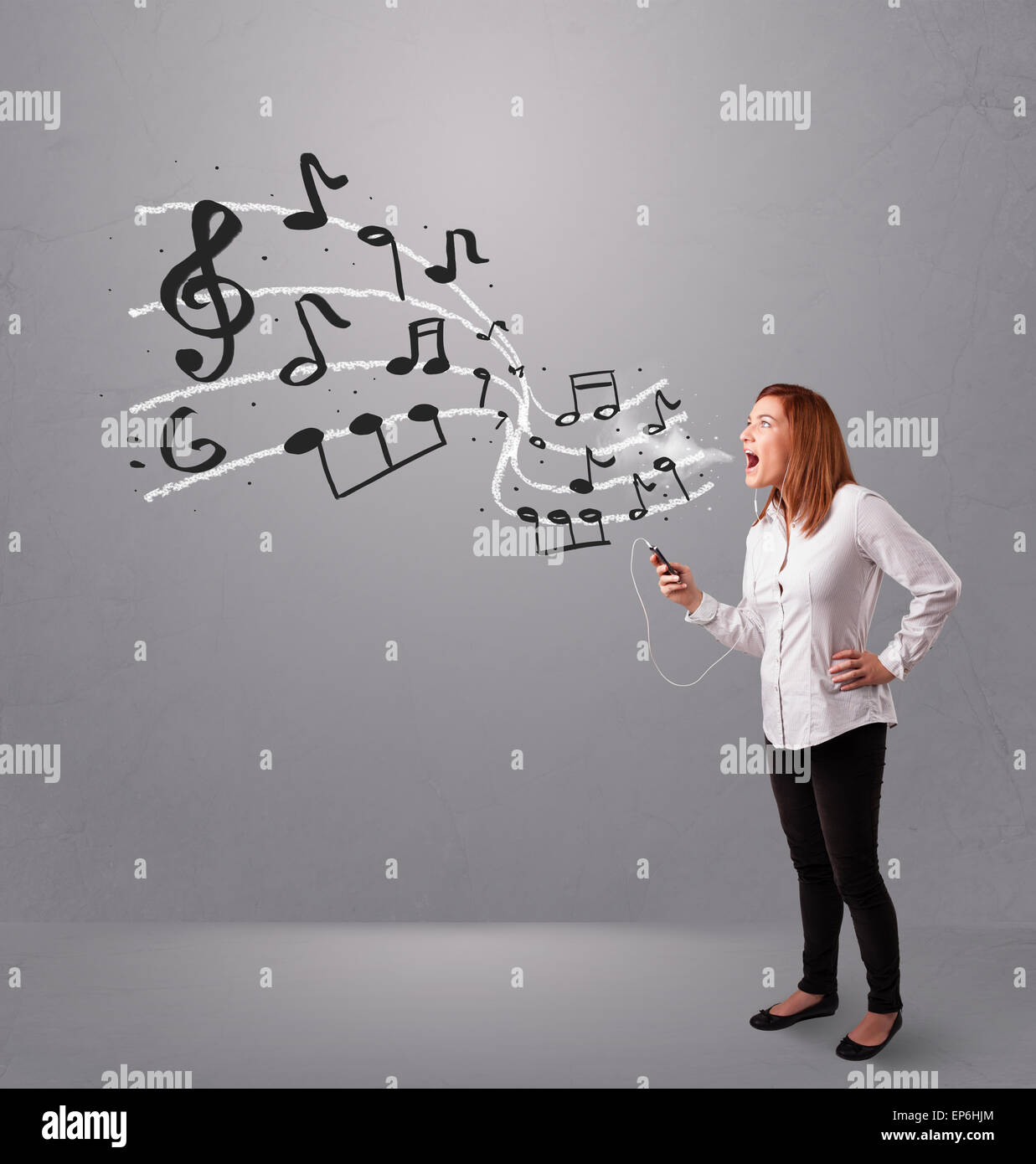 attractive young lady singing and listening to music with musical notes ...