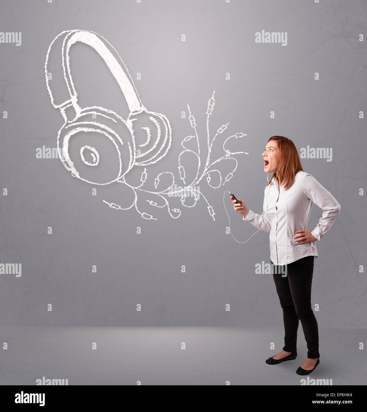 young woman singing and listening to music with abstract headphone ...