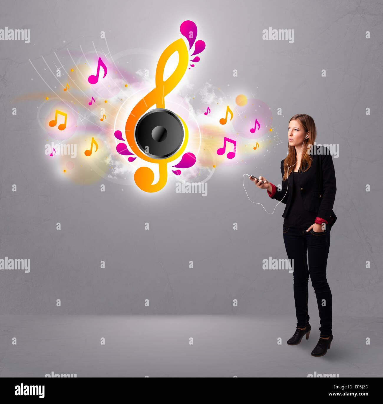 pretty girl singing and listening to music with musical notes Stock ...