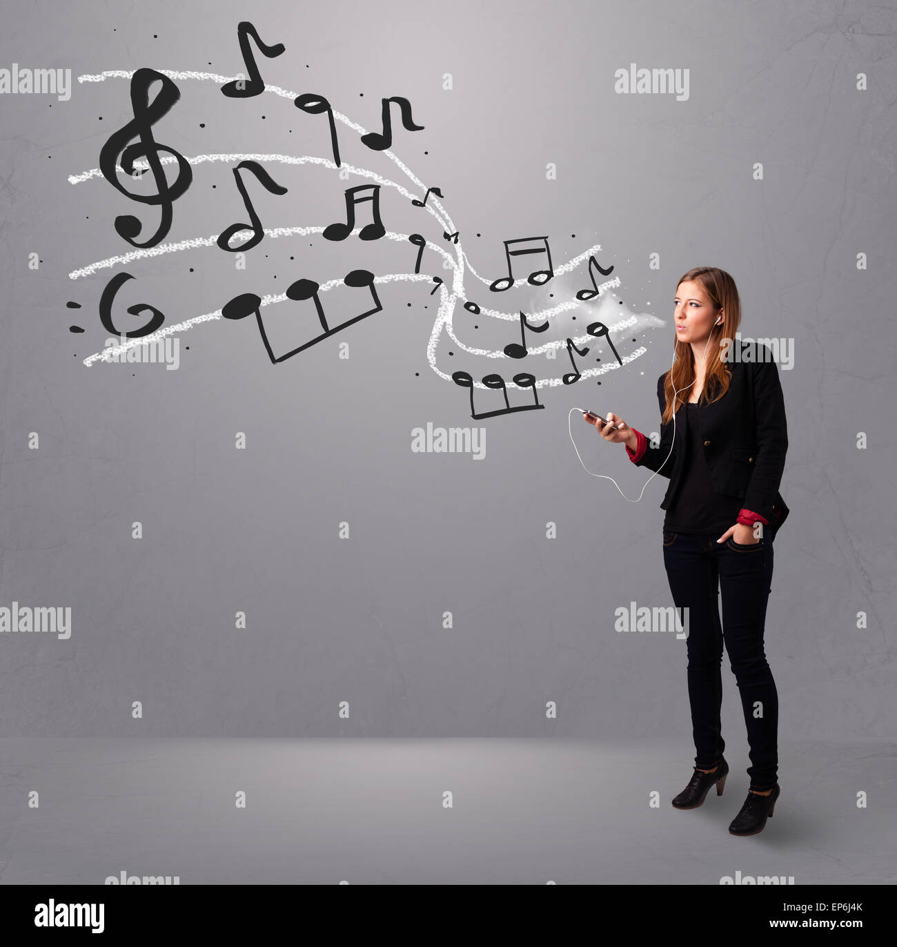 attractive young lady singing and listening to music with musical notes ...