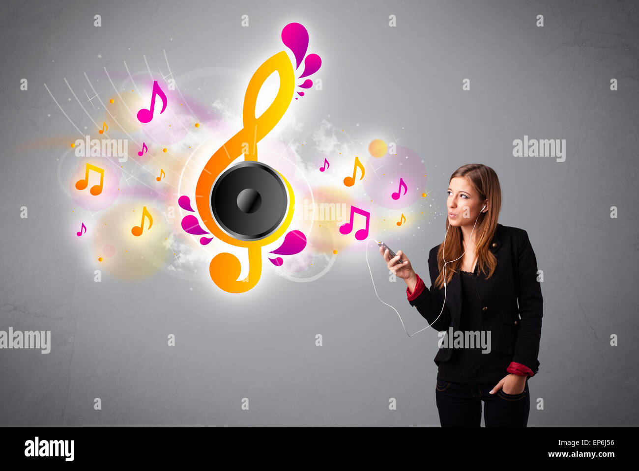 pretty girl singing and listening to music with musical notes Stock ...