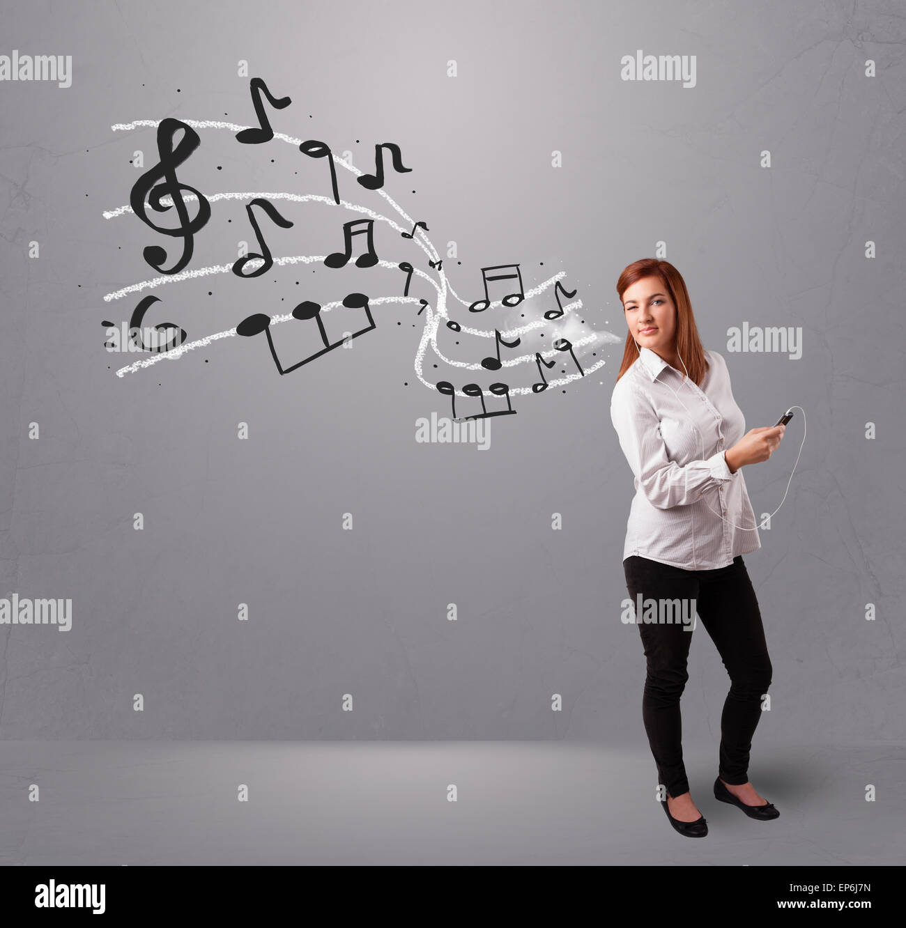 attractive young lady singing and listening to music with musical notes ...