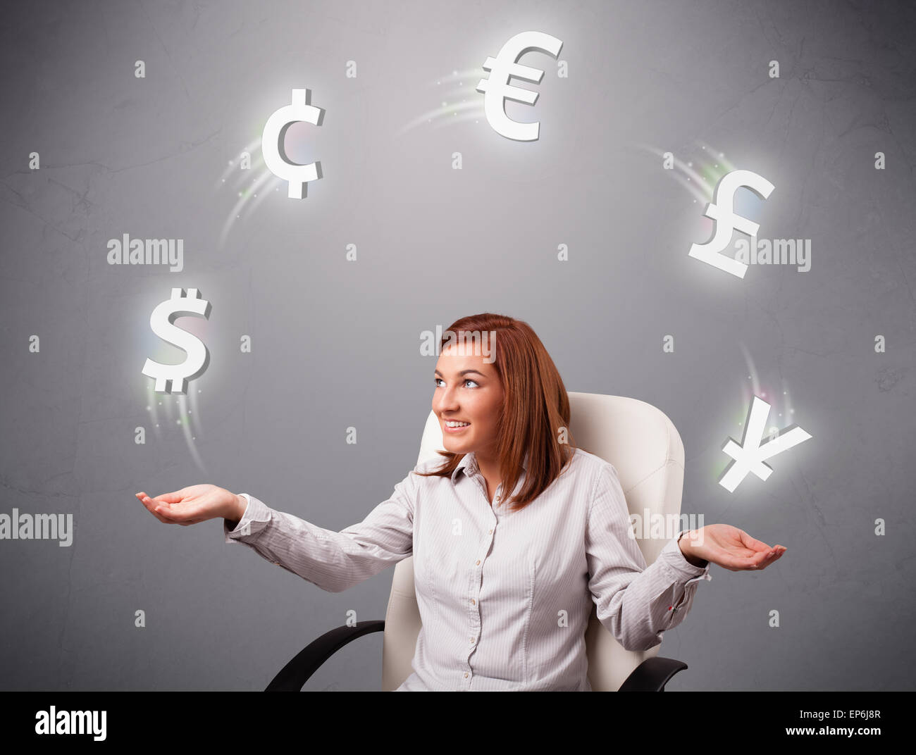 young lady sitting and juggling with currency icons Stock Photo - Alamy