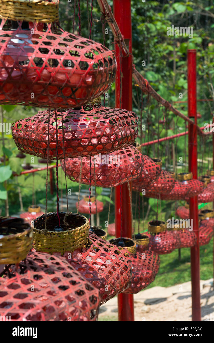Myanmar (aka Burma), Yangon (aka Rangoon). Red bamboo hanging garden ...