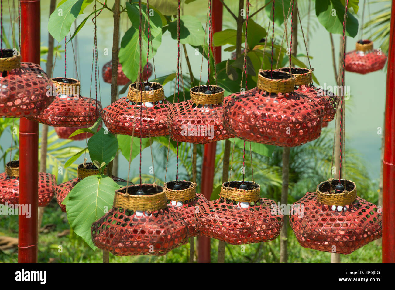 Myanmar (aka Burma), Yangon (aka Rangoon). Garden bamboo lanterns ...