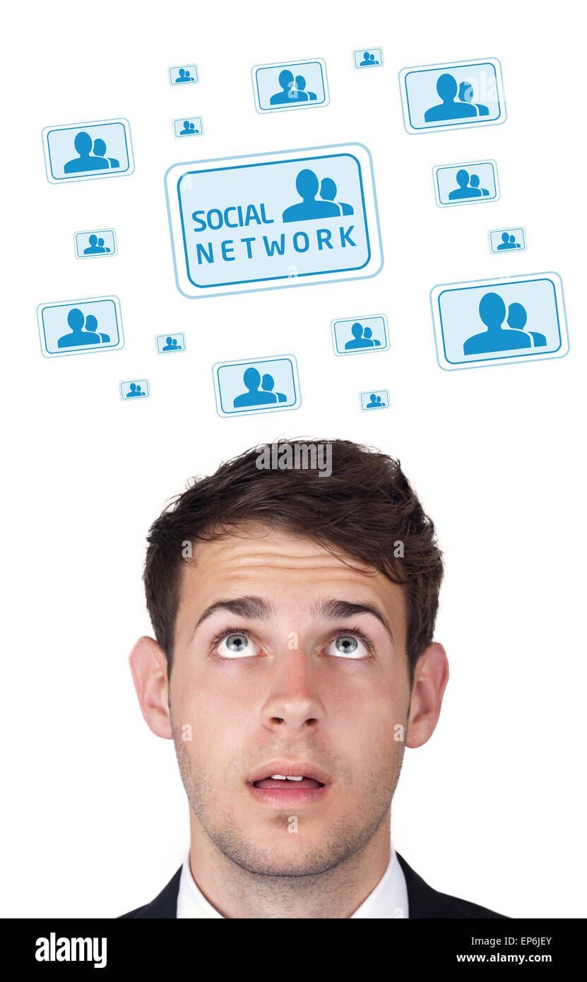 Young head looking at social type of icons and signs Stock Photo - Alamy