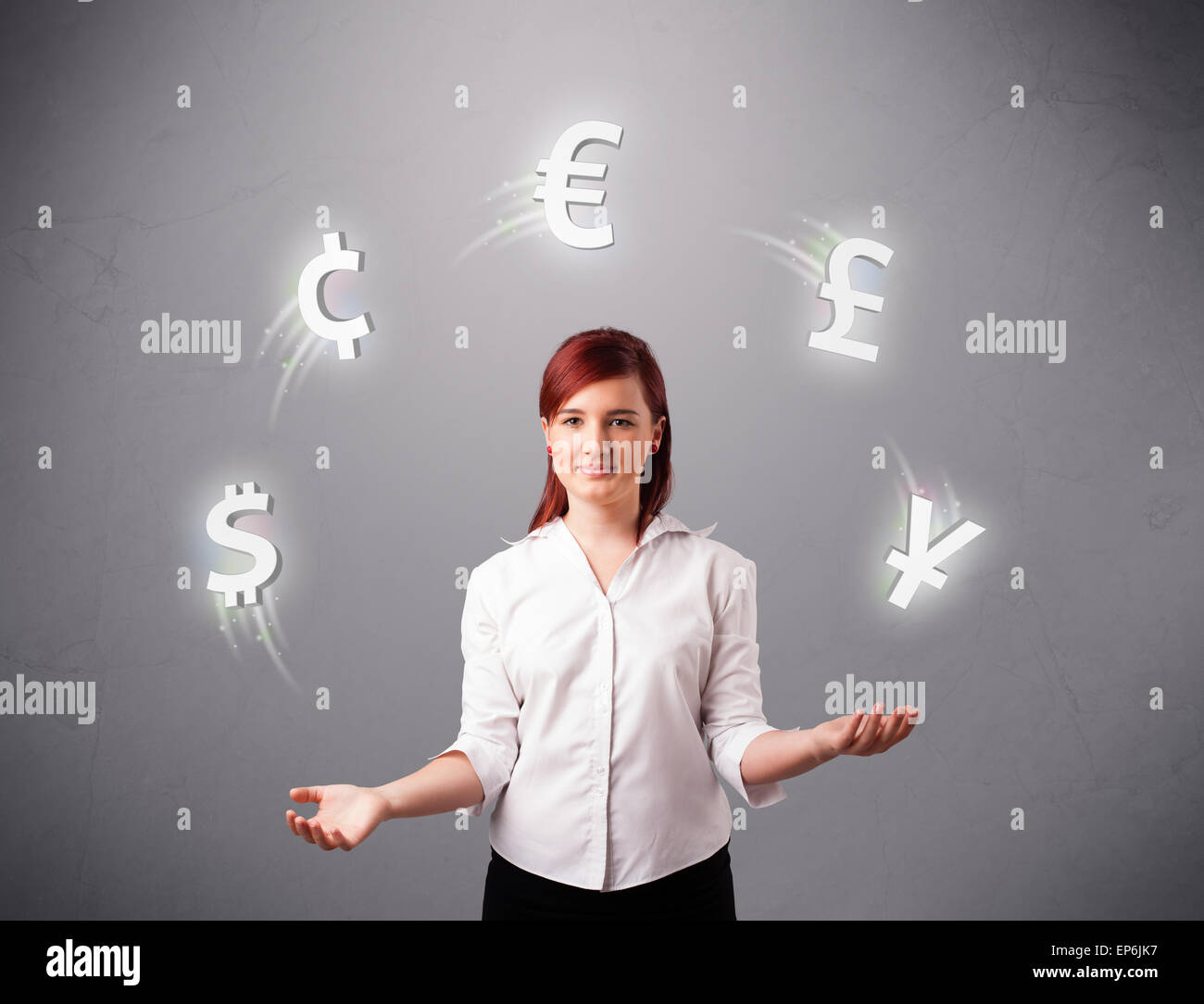 young lady standing and juggling with currency icons Stock Photo - Alamy