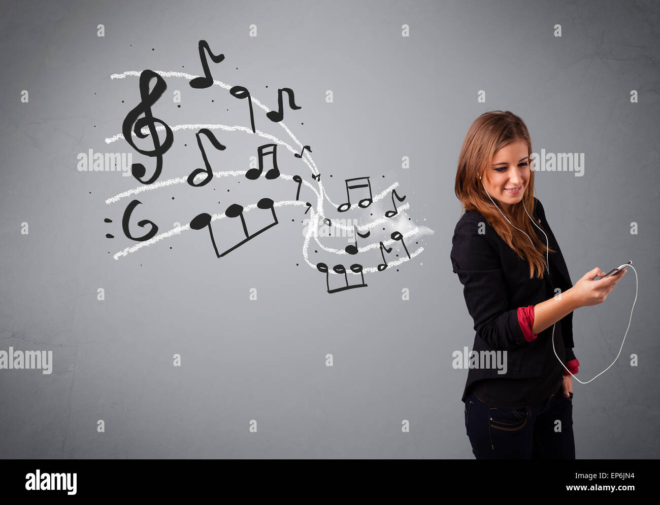 attractive young lady singing and listening to music with musical notes ...
