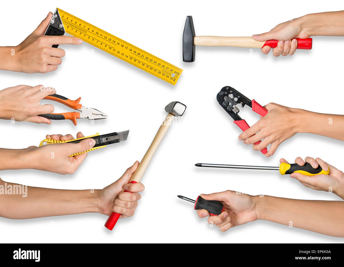 Set of peoples hands holding tools Stock Photo - Alamy