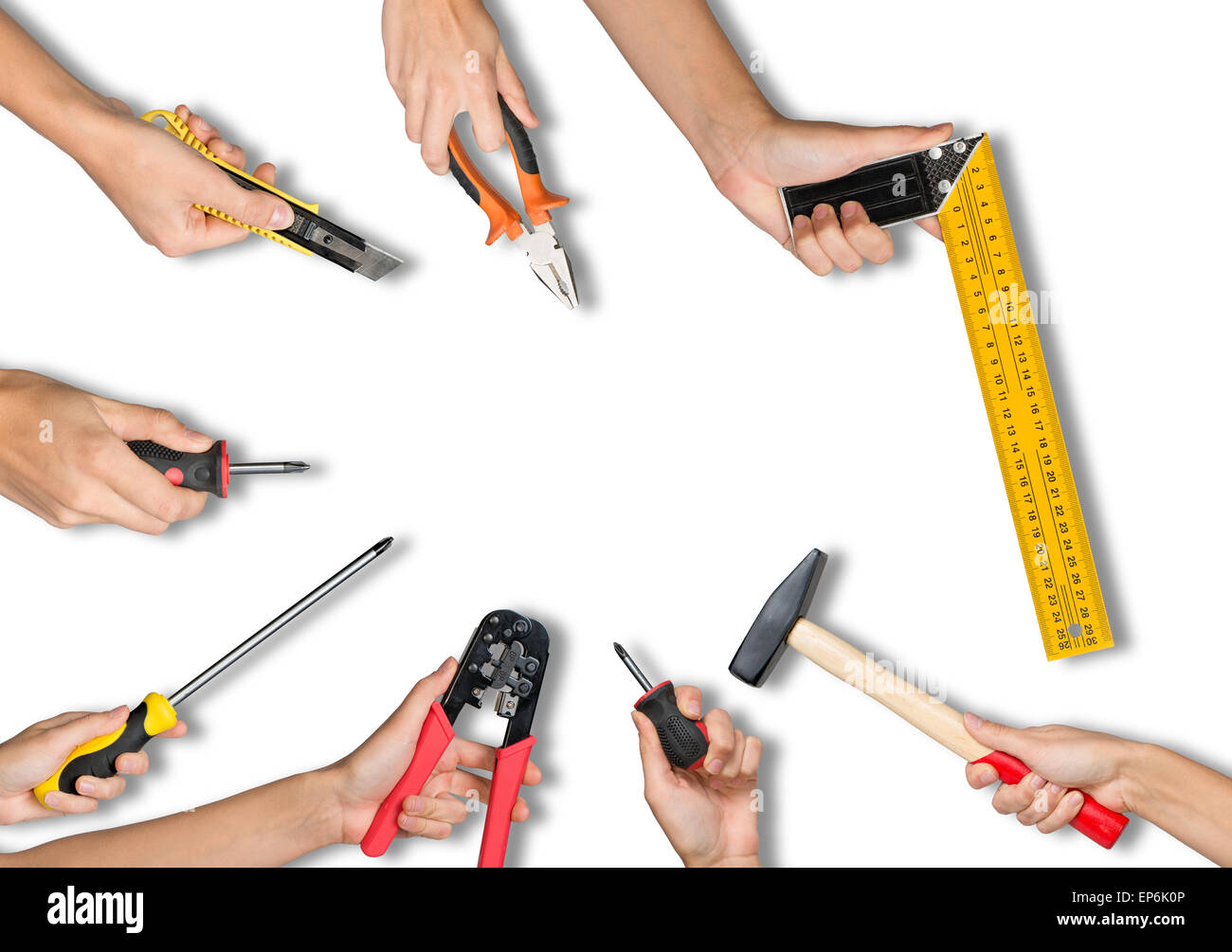 Set of peoples hands holding tools Stock Photo - Alamy
