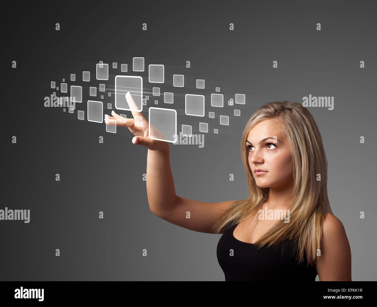Businesswoman pressing high tech type of modern buttons Stock Photo - Alamy