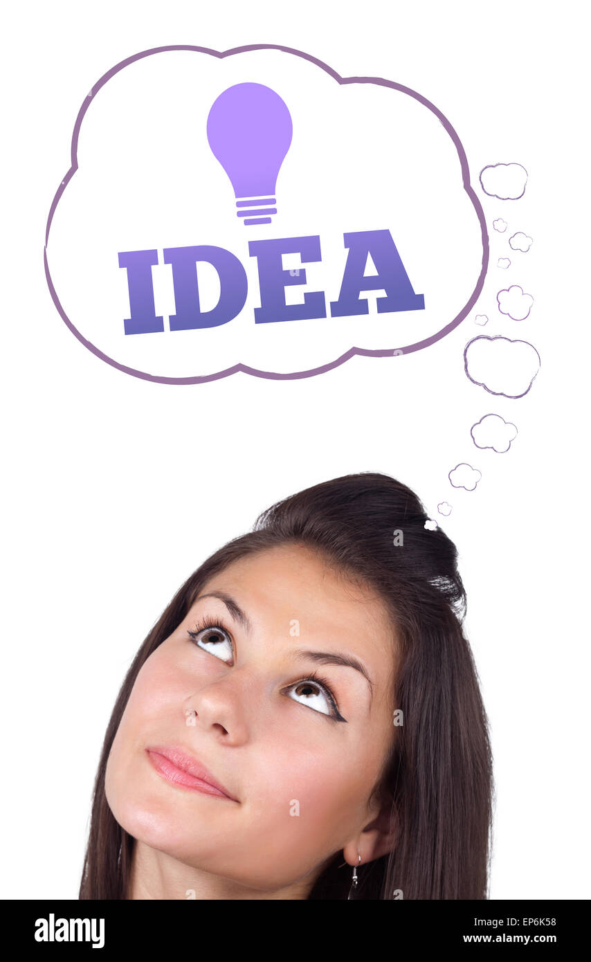 Young girl looking at idea type of sign Stock Photo - Alamy