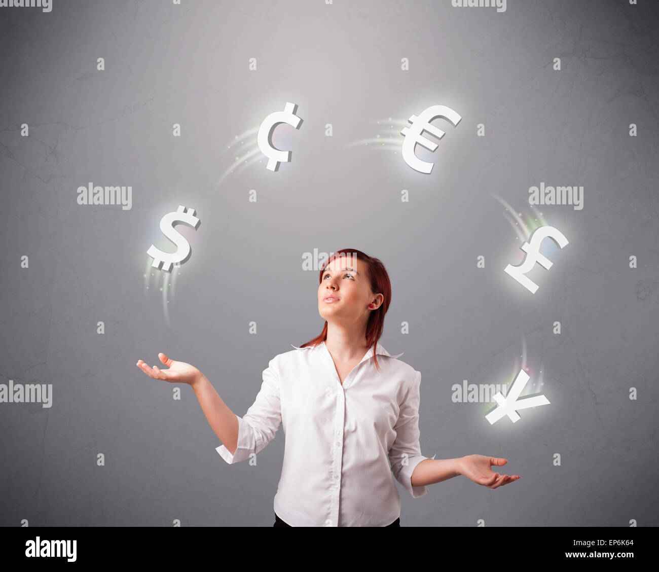 young lady standing and juggling with currency icons Stock Photo - Alamy