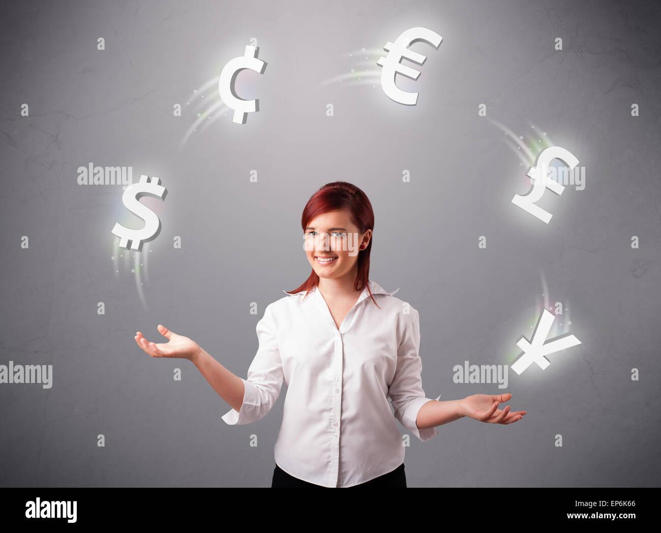 young lady standing and juggling with currency icons Stock Photo - Alamy