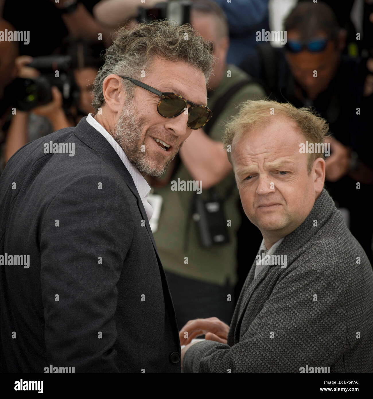Cannes, France. 14th May, 2015. British actor Toby Jones (R) and French ...