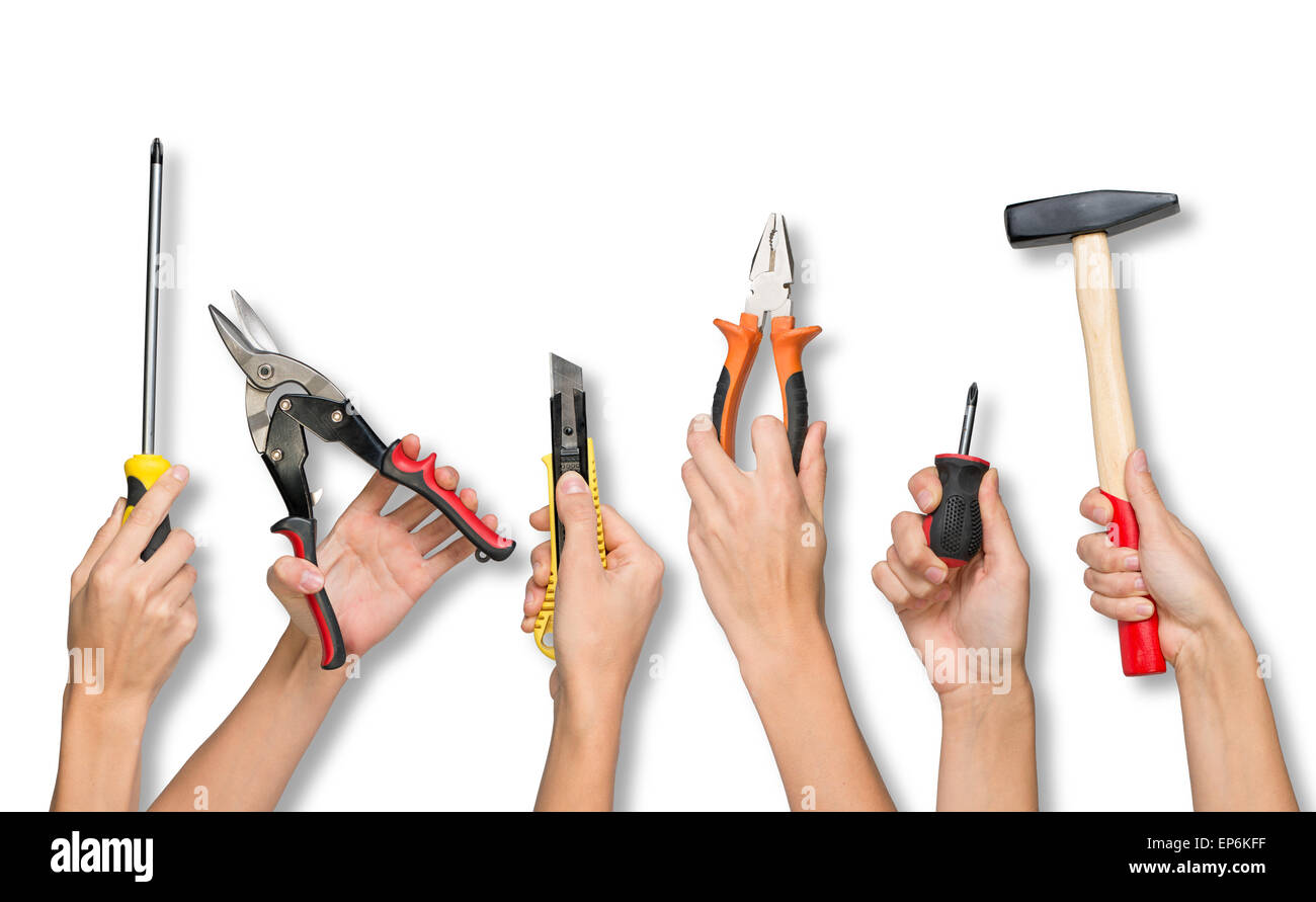 Set of peoples hands holding tools Stock Photo - Alamy
