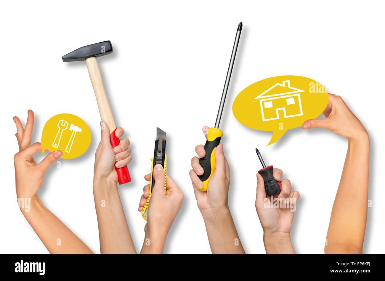 Set of peoples hands holding tools Stock Photo - Alamy