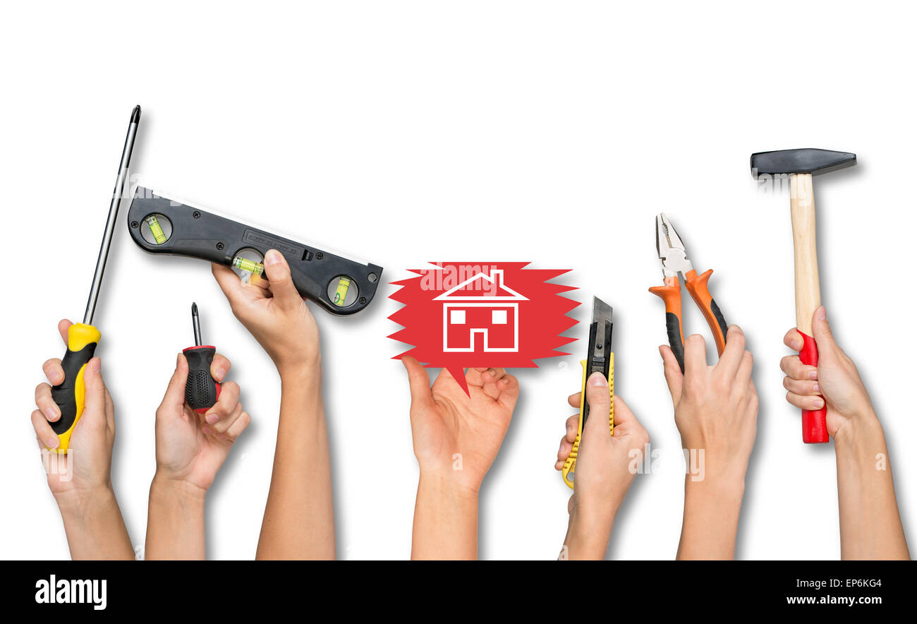 Set of peoples hands holding tools Stock Photo - Alamy
