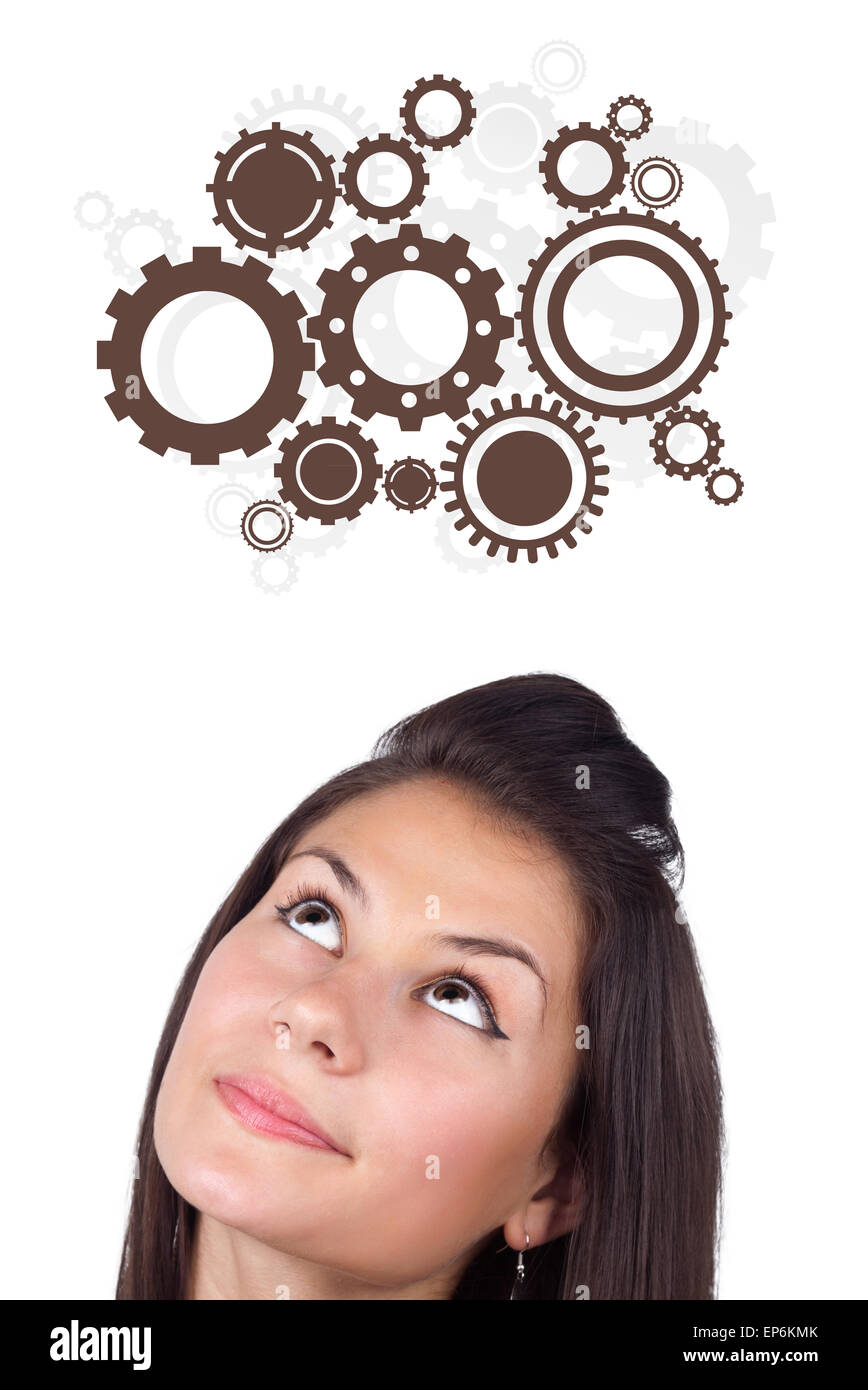 Young girl looking at idea type of sign Stock Photo - Alamy