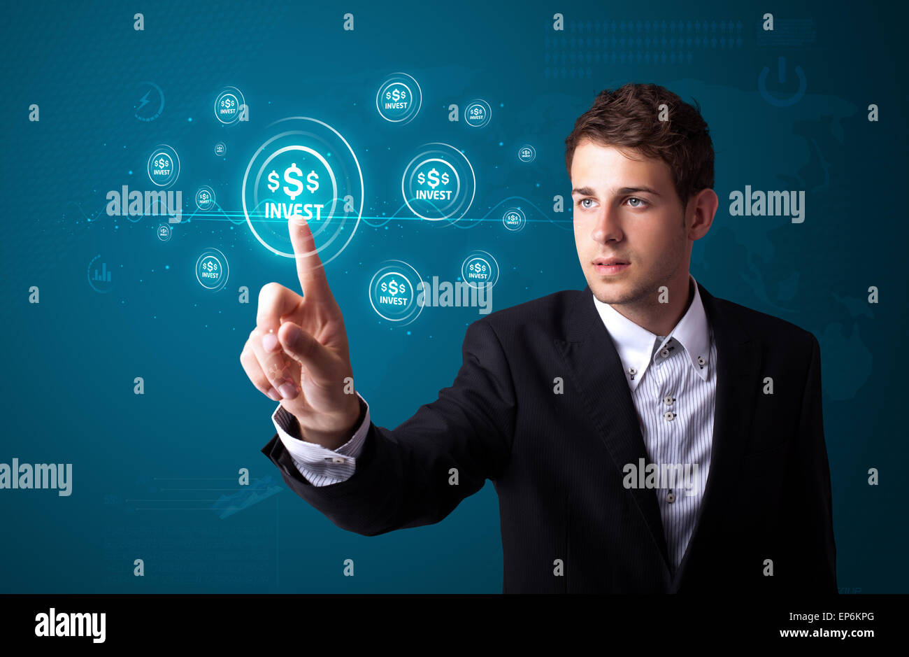 Businessman pressing modern business type of buttons Stock Photo - Alamy