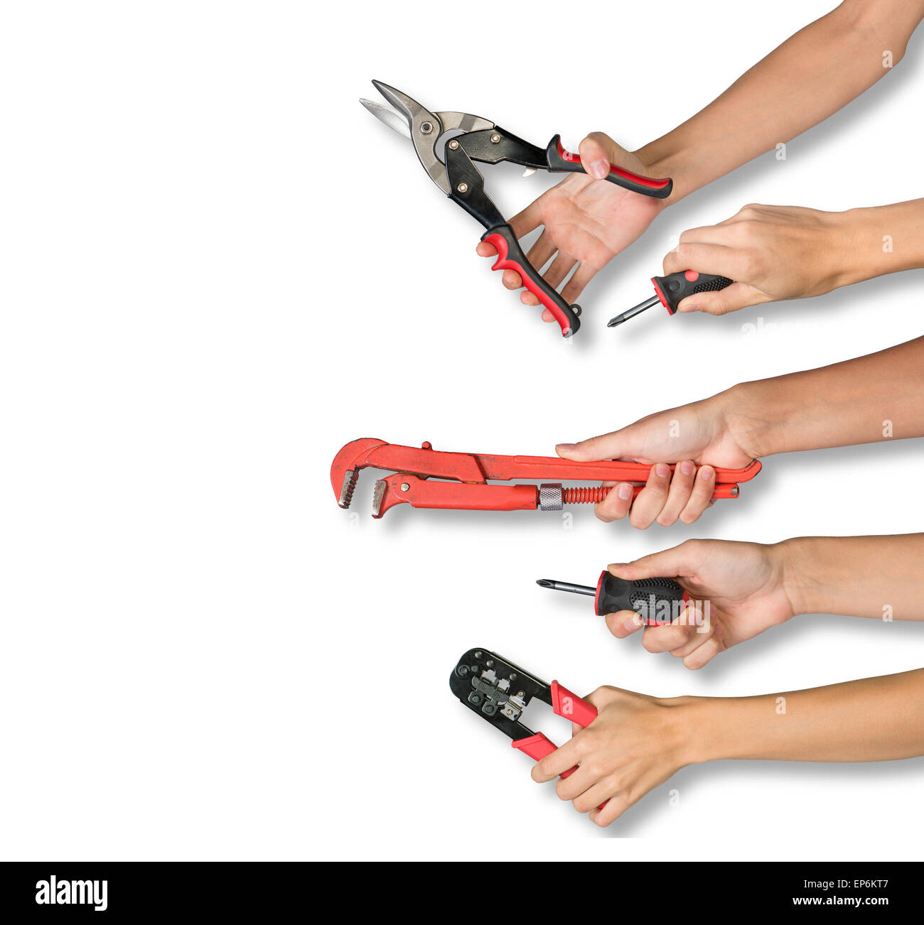 Set of peoples hands holding tools Stock Photo - Alamy