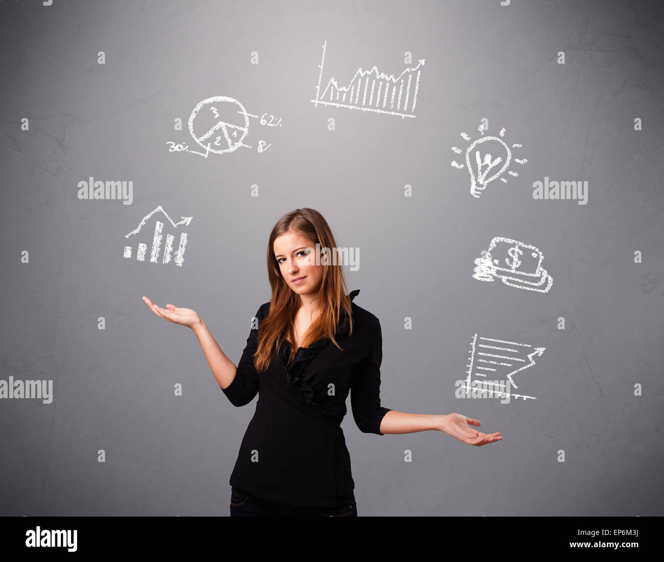 beautiful young woman juggling with statistics and graphs Stock Photo ...