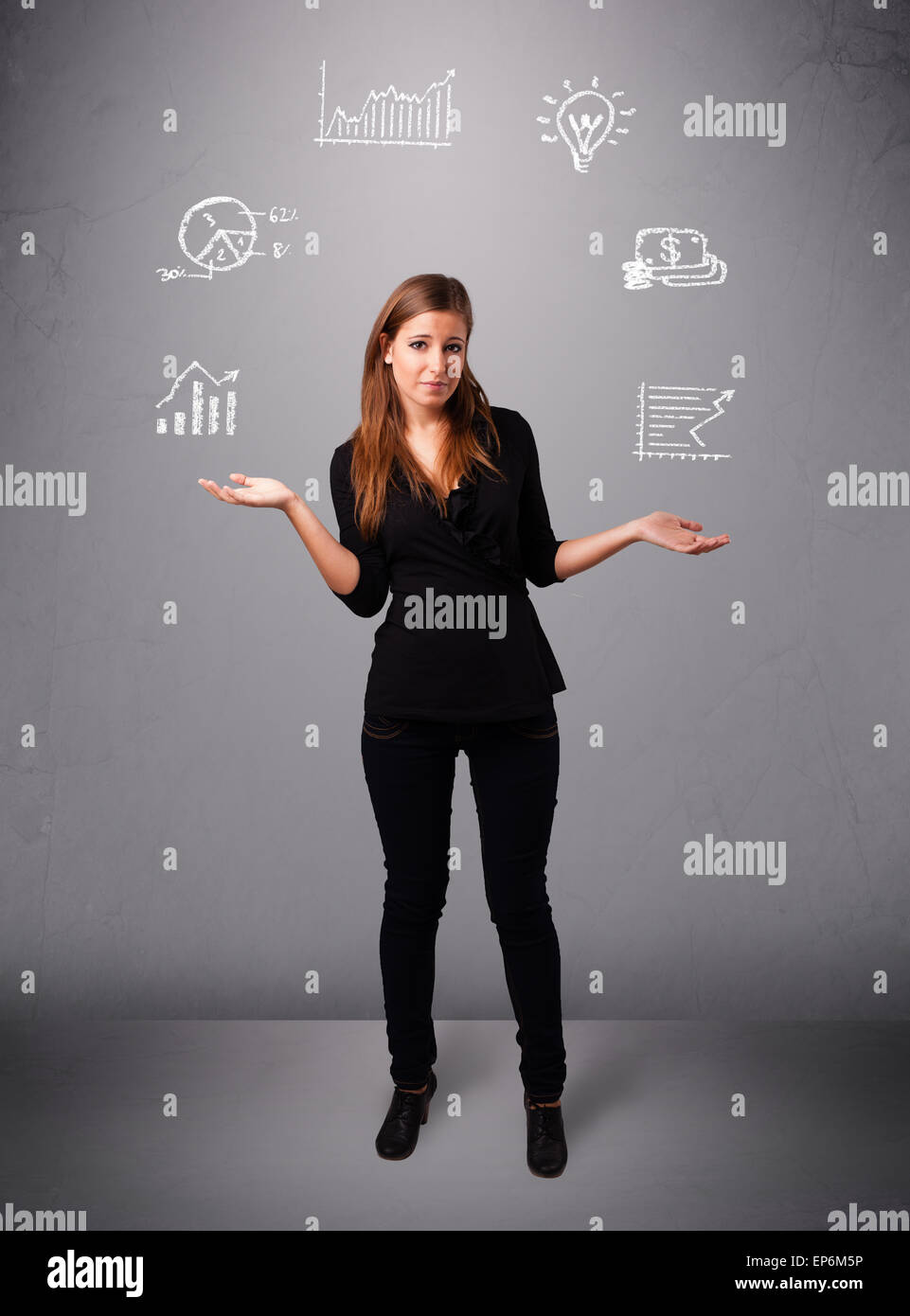 beautiful young woman juggling with statistics and graphs Stock Photo ...