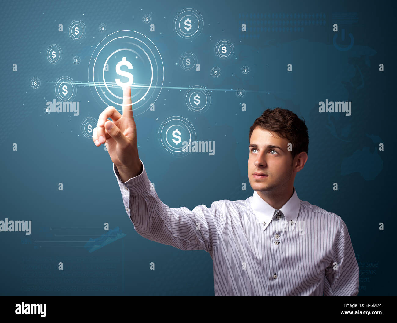 Businessman pressing modern business type of buttons Stock Photo - Alamy