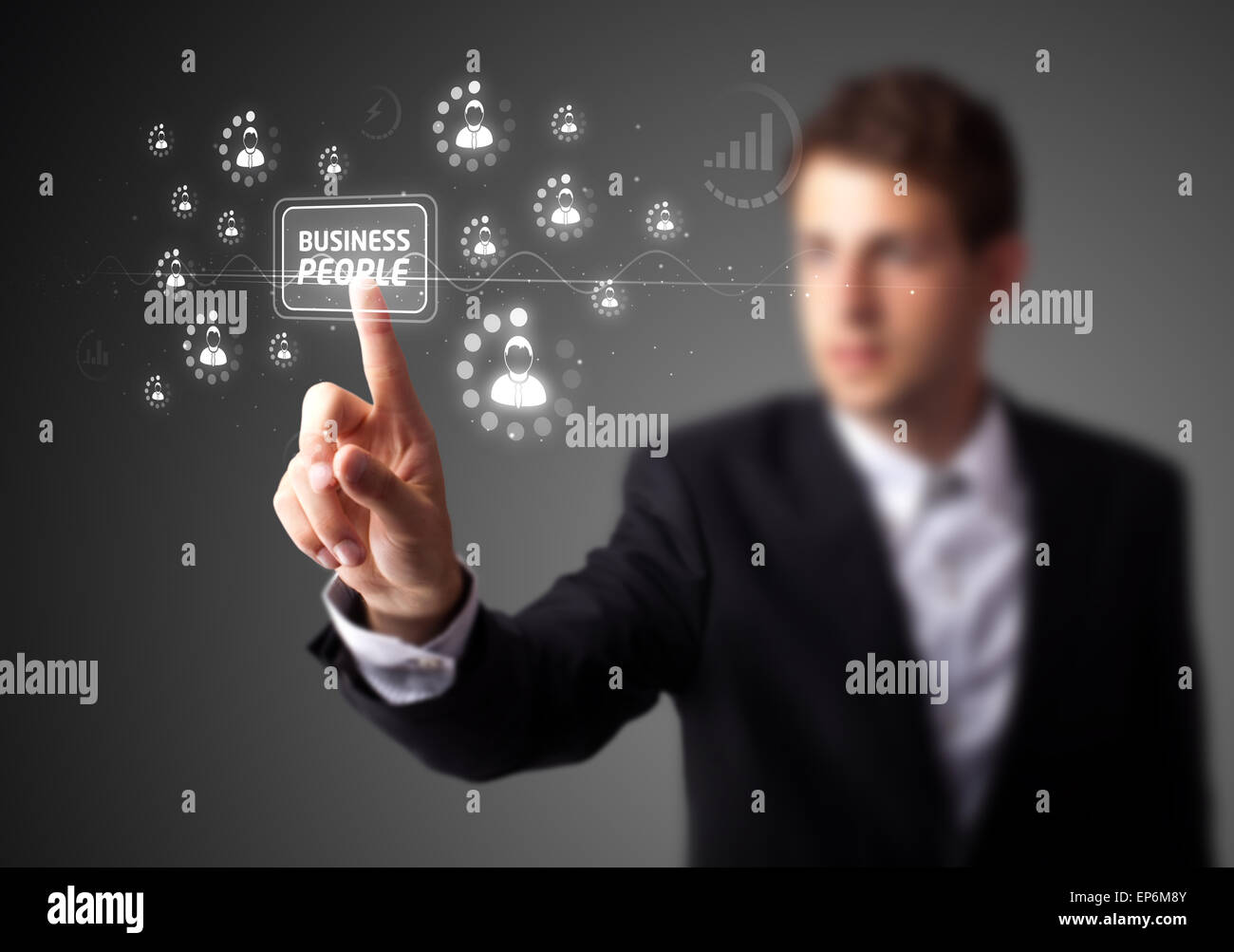 Businessman pressing modern business type of buttons Stock Photo - Alamy