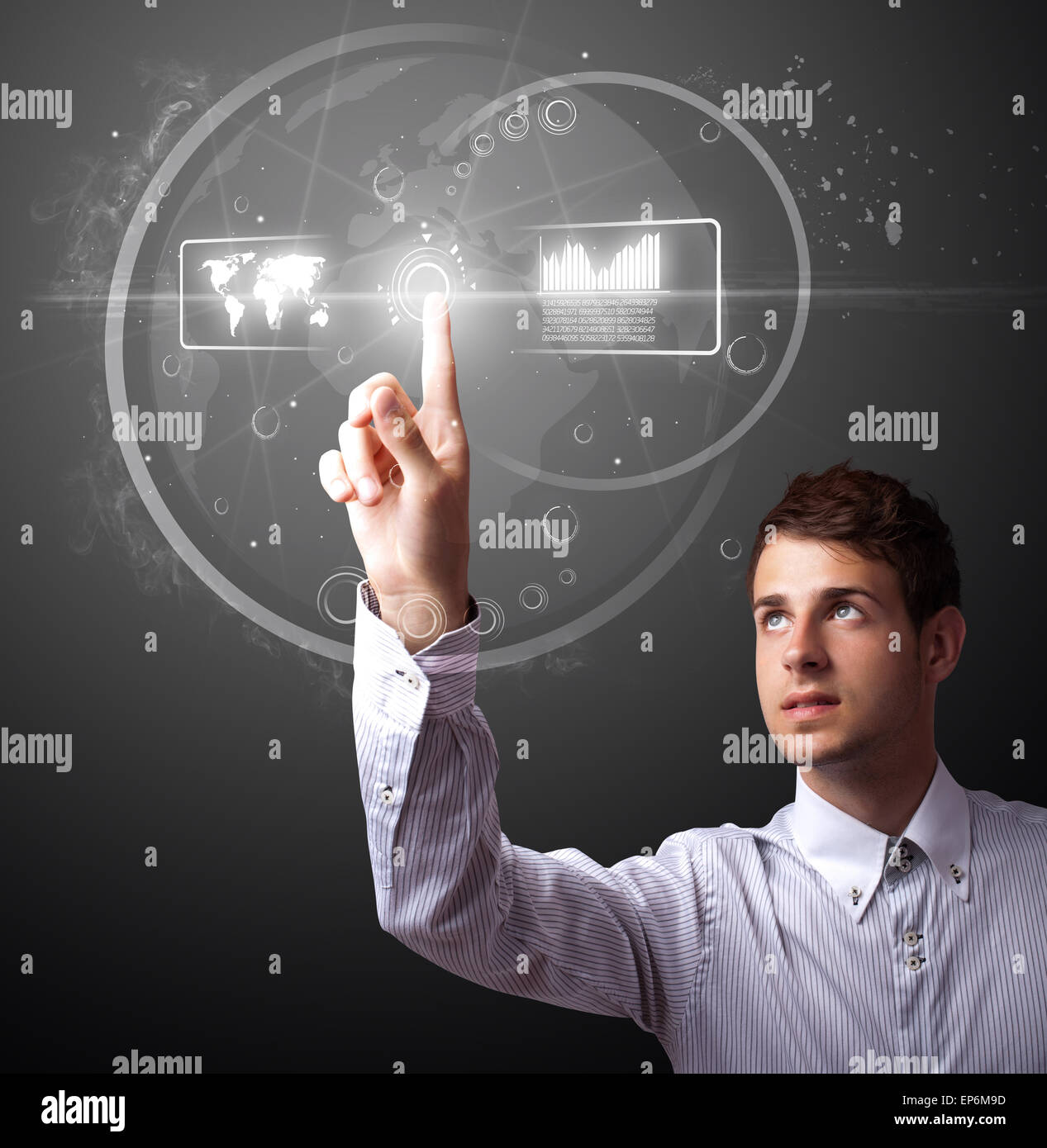 Businessman pressing high tech type of modern buttons Stock Photo - Alamy