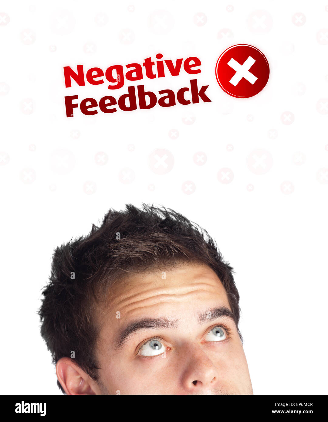 Young head looking at positive negative signs Stock Photo - Alamy