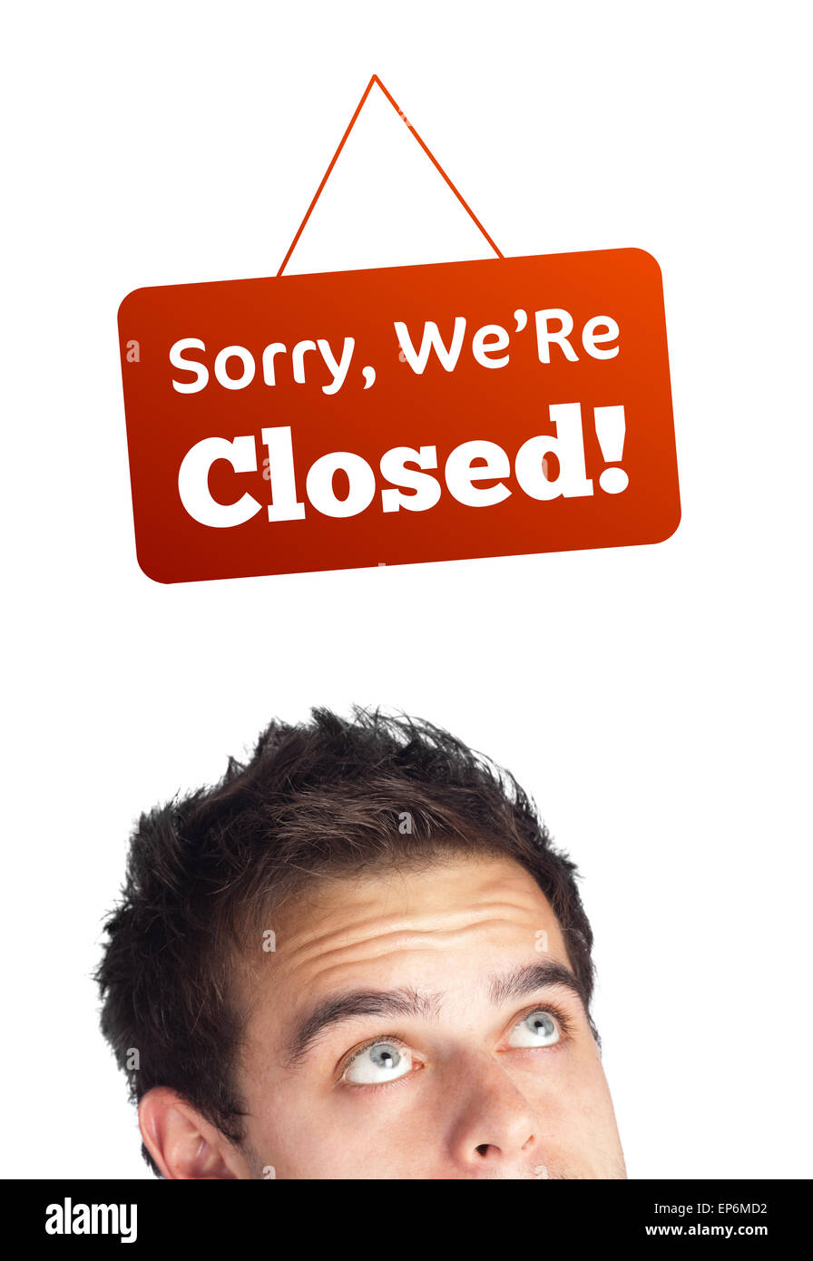 Young persons head looking at closed and open signs Stock Photo - Alamy