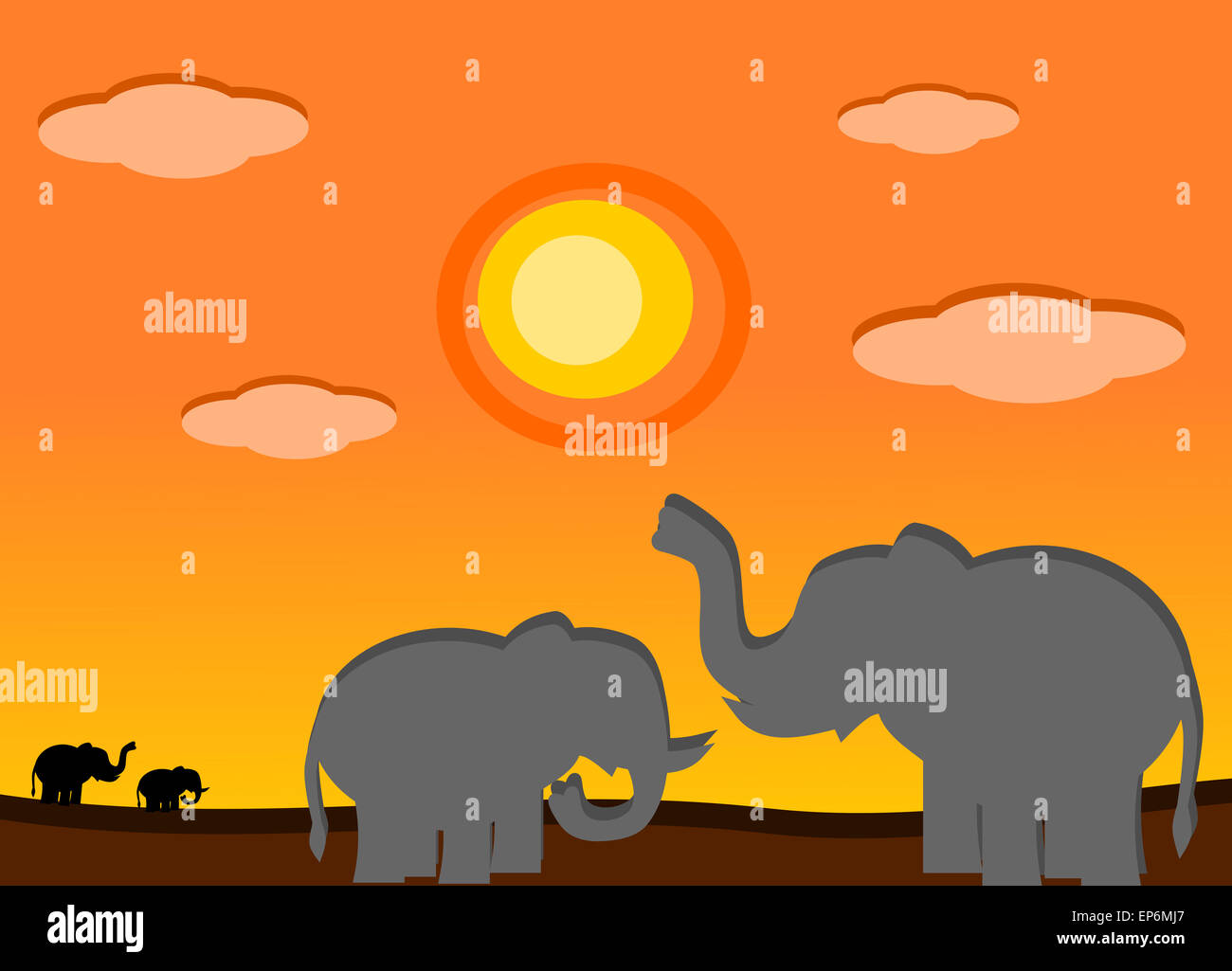 Elephant in the sunset cartoon illustration Stock Photo - Alamy