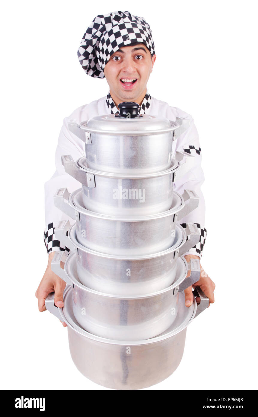 Cook with stack of pots on white Stock Photo - Alamy