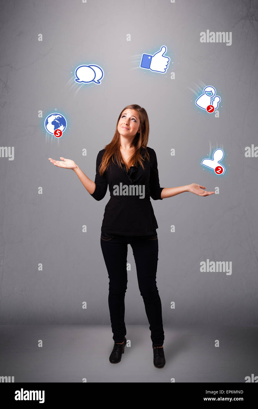 attractive young woman juggling with social network icons Stock Photo ...