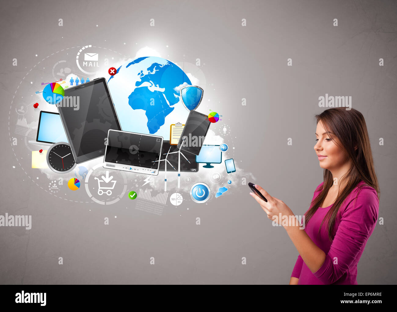 young woman standing and browsing on her phone Stock Photo - Alamy