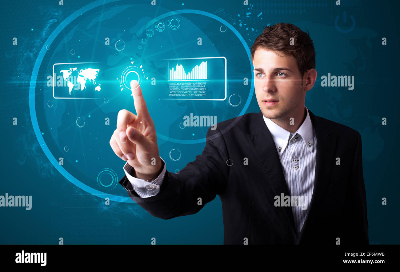 Businessman pressing high tech type of modern buttons Stock Photo - Alamy