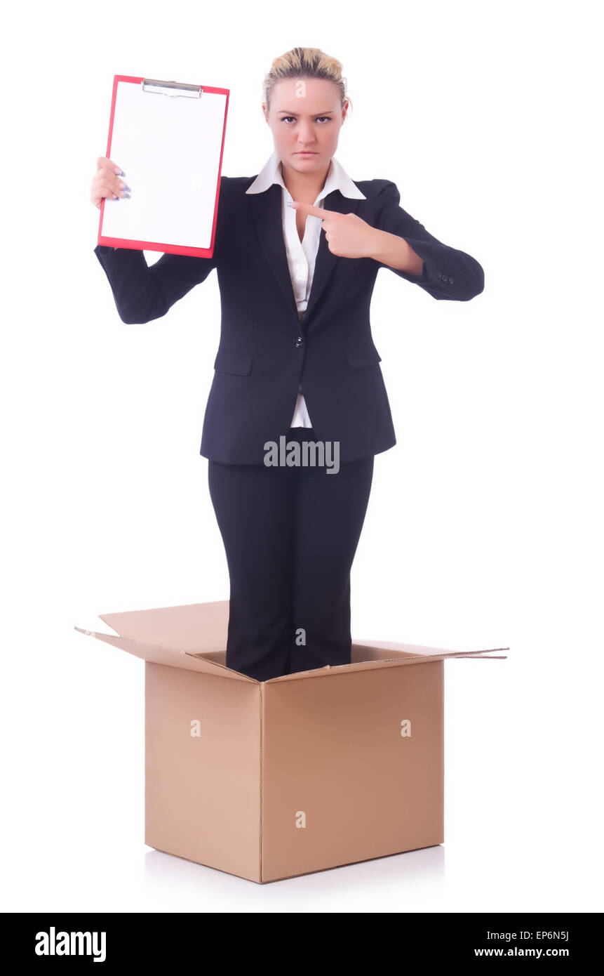 Woman with paper pad out of box Stock Photo - Alamy