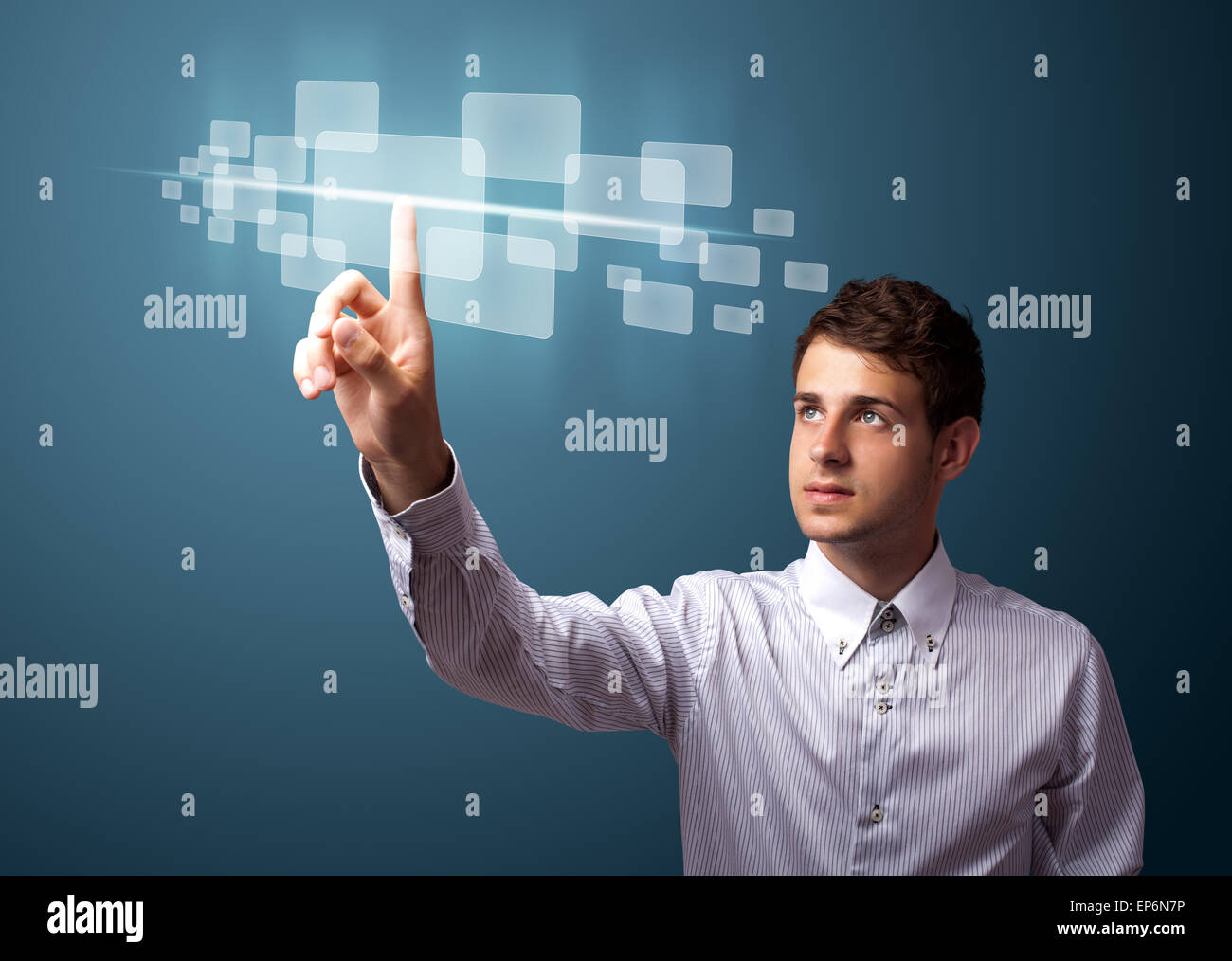 Businessman pressing high tech type of modern buttons Stock Photo - Alamy