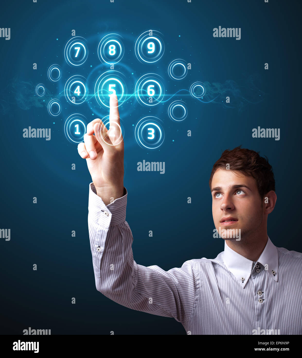 Businessman pressing high tech type of modern buttons Stock Photo - Alamy