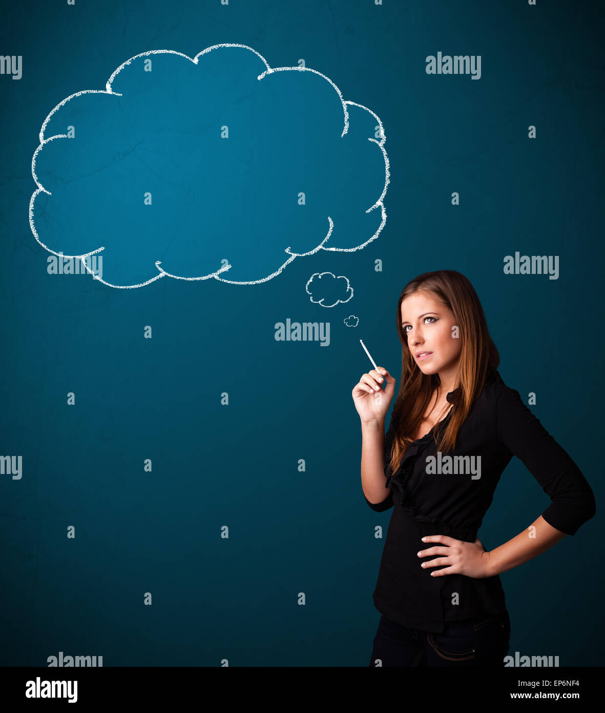 Beautiful lady smoking cigarette with idea cloud Stock Photo - Alamy