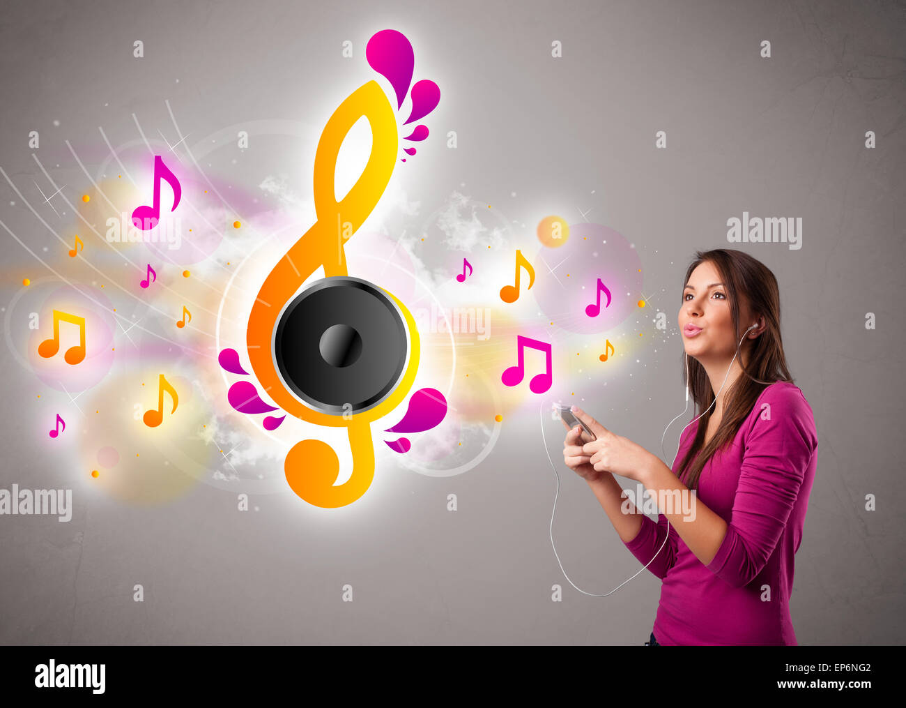 pretty girl singing and listening to music with musical notes Stock ...